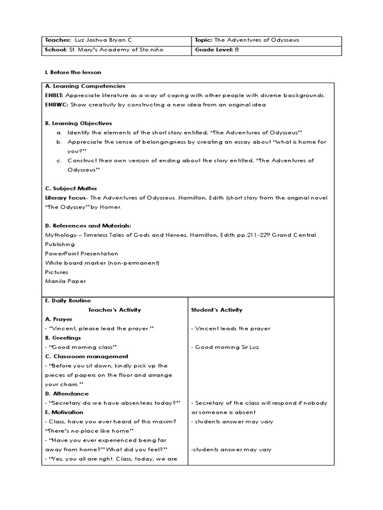 The Lesson Plan | PDF | Penelope | Odysseus