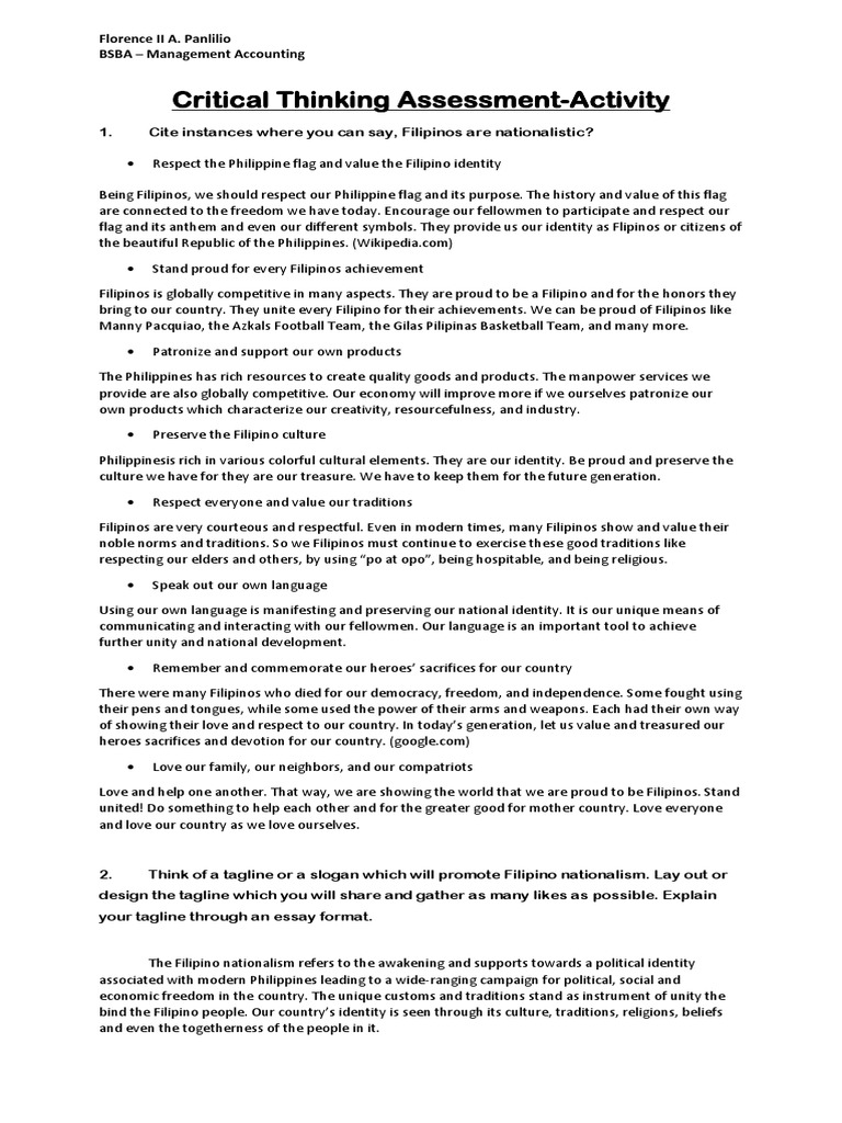 Critical Thinking Assessment | PDF | Philippines | Traditions