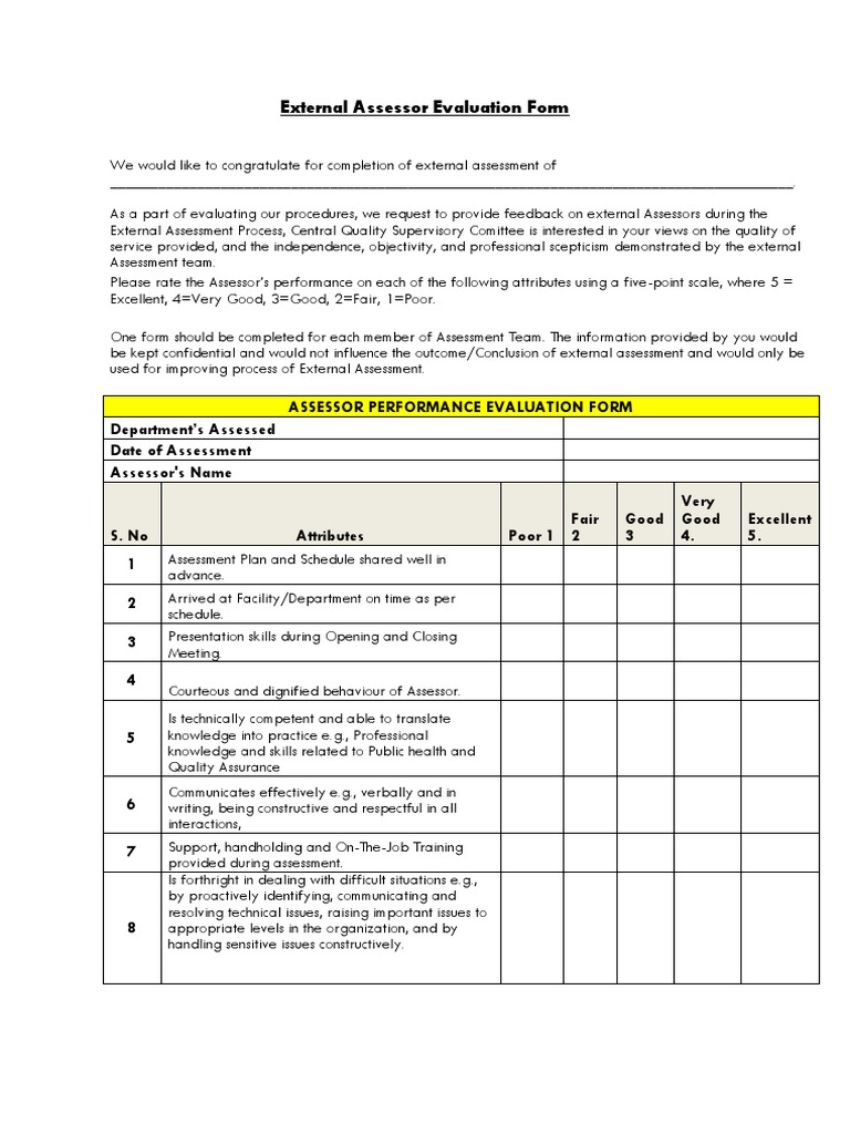 4 - External Assessor Evaluation Form - To Be Filled After Assessment ...