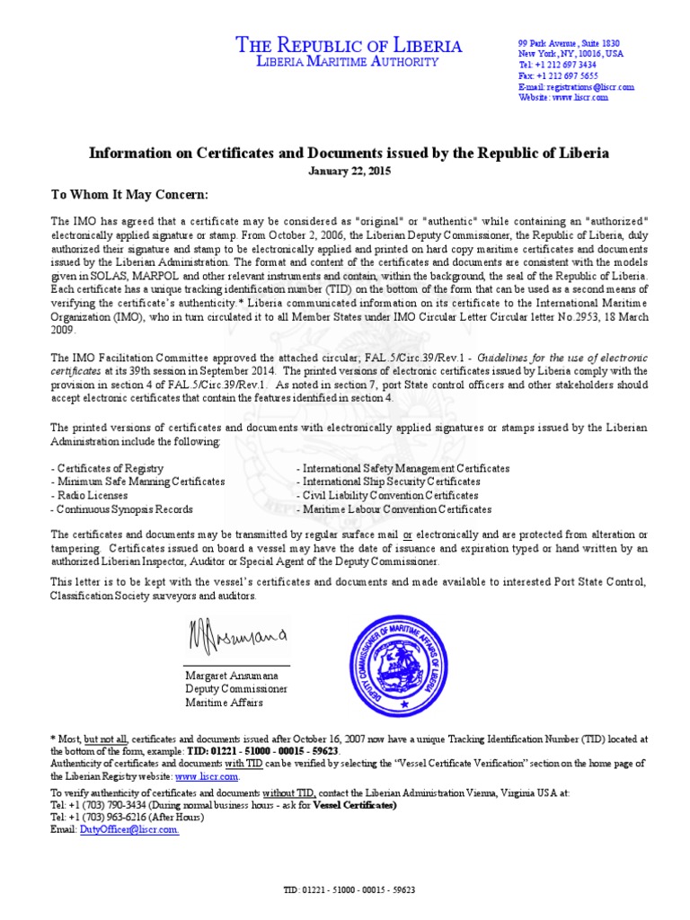 Information On Certificates and Documents Issued by The Republic of ...