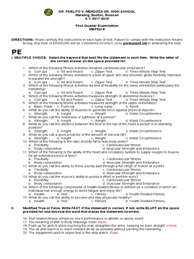 1st Quarter Exam PE8-HEALTH8 | PDF | Physical Fitness | Gender