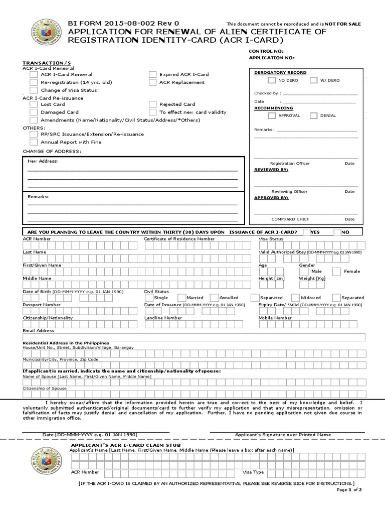 2015 08 002 ACR - I Card - Renewal PDF | PDF | Identity Document ...