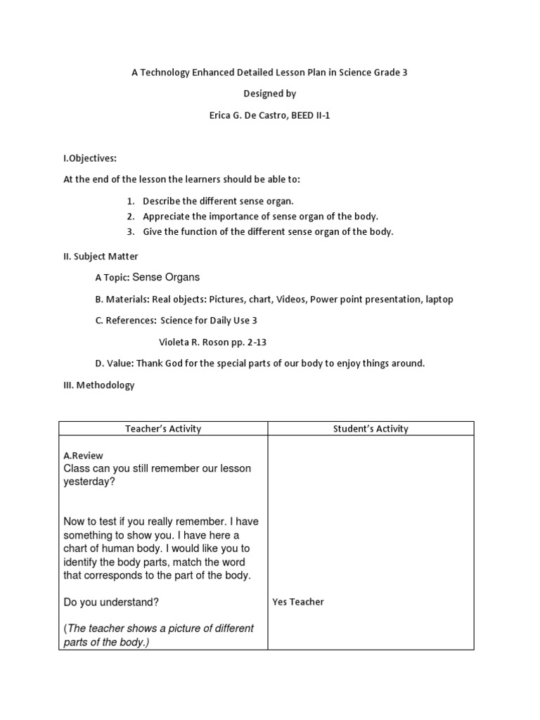 Lesson Plan Grade 3 | PDF | Senses | Taste
