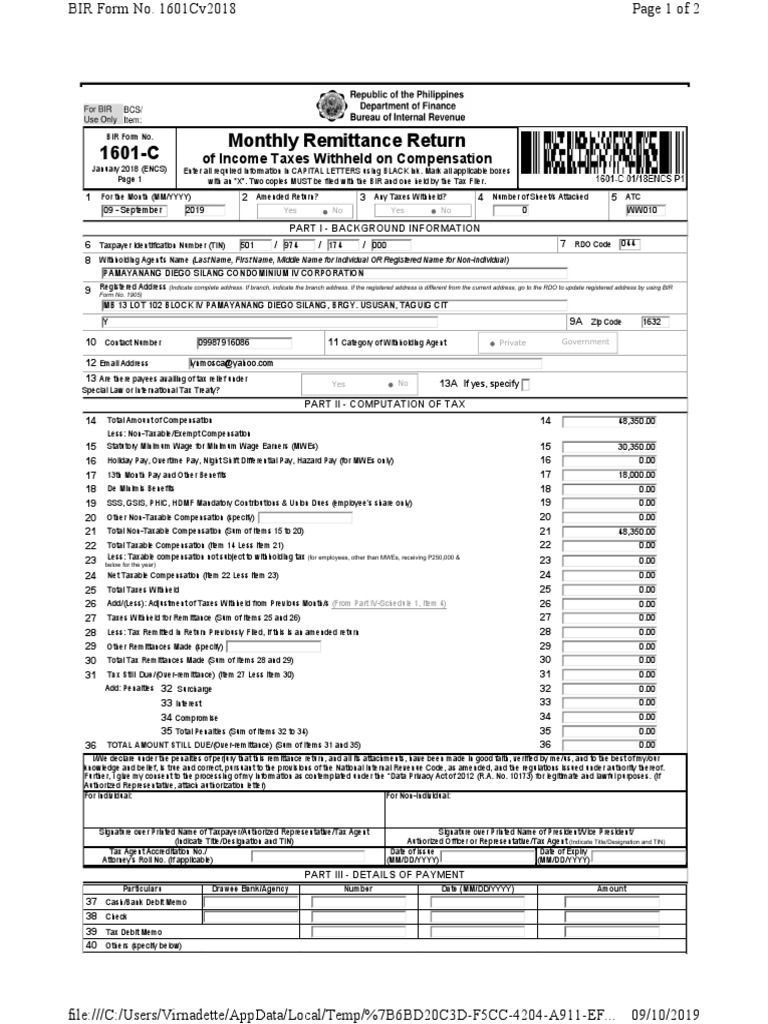1601C Sept 2019 | PDF | Withholding Tax | Payments