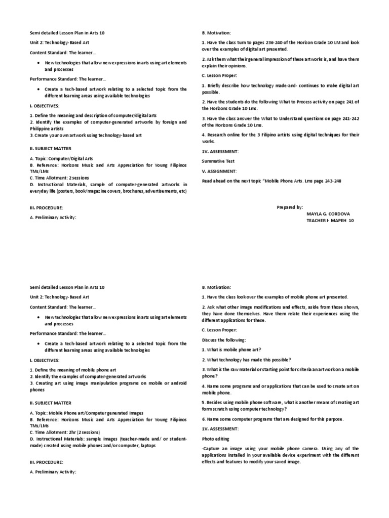 Semi Detailed Lesson Plan in Arts 10 | PDF | Digital Photography ...