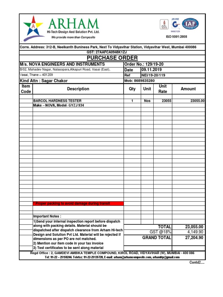 Purchase Order: Date Kind Attn: Sagar Chakor Order No.: 129/19-20 09.11 ...