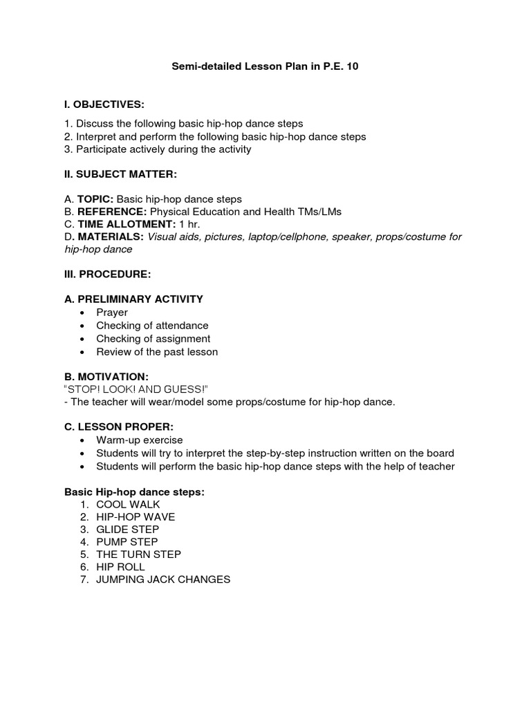 Semi-Detailed Lesson Plan in P.E. 10: Hip-Hop Dance | PDF | Career ...