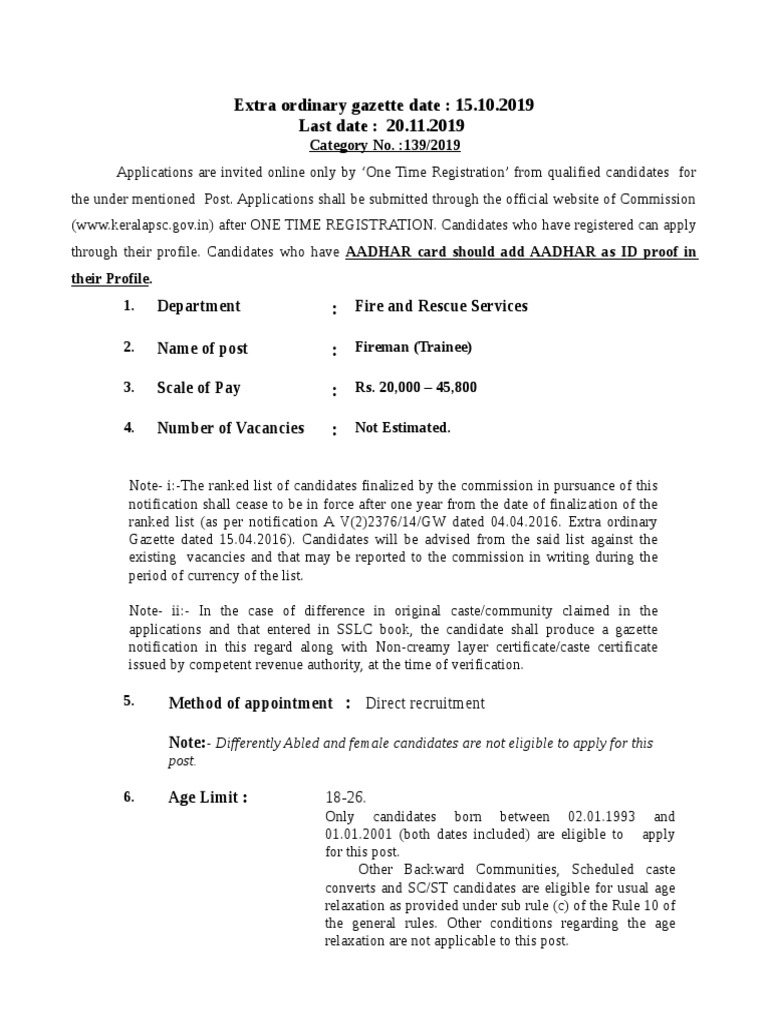 PSC Fire Force Kerala Notification | PDF | Test (Assessment) | Business