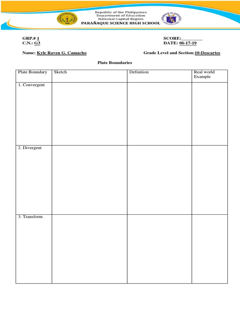 Types of Plate Boundaries Worksheet Completed Notes | PDF | Science ...
