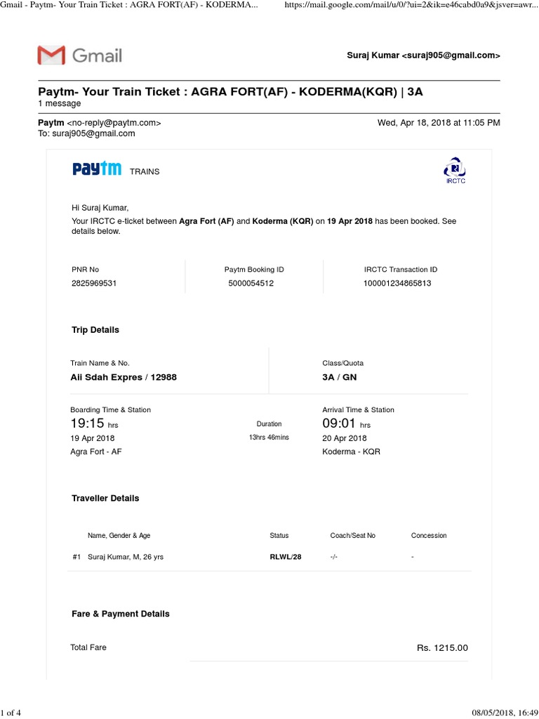 Gmail - Paytm - Your Train Ticket - AGRA FORT (AF) - KODERMA (KQR) - 3A ...