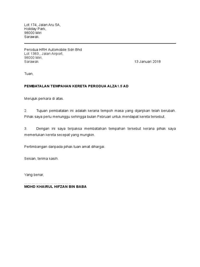 Surat Perodua - Pembatalan Purchase | PDF