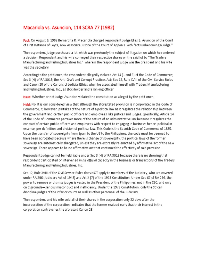 1 Macariola vs. Asuncion, 114 SCRA 77 (1982) | PDF | Judiciaries | Judge