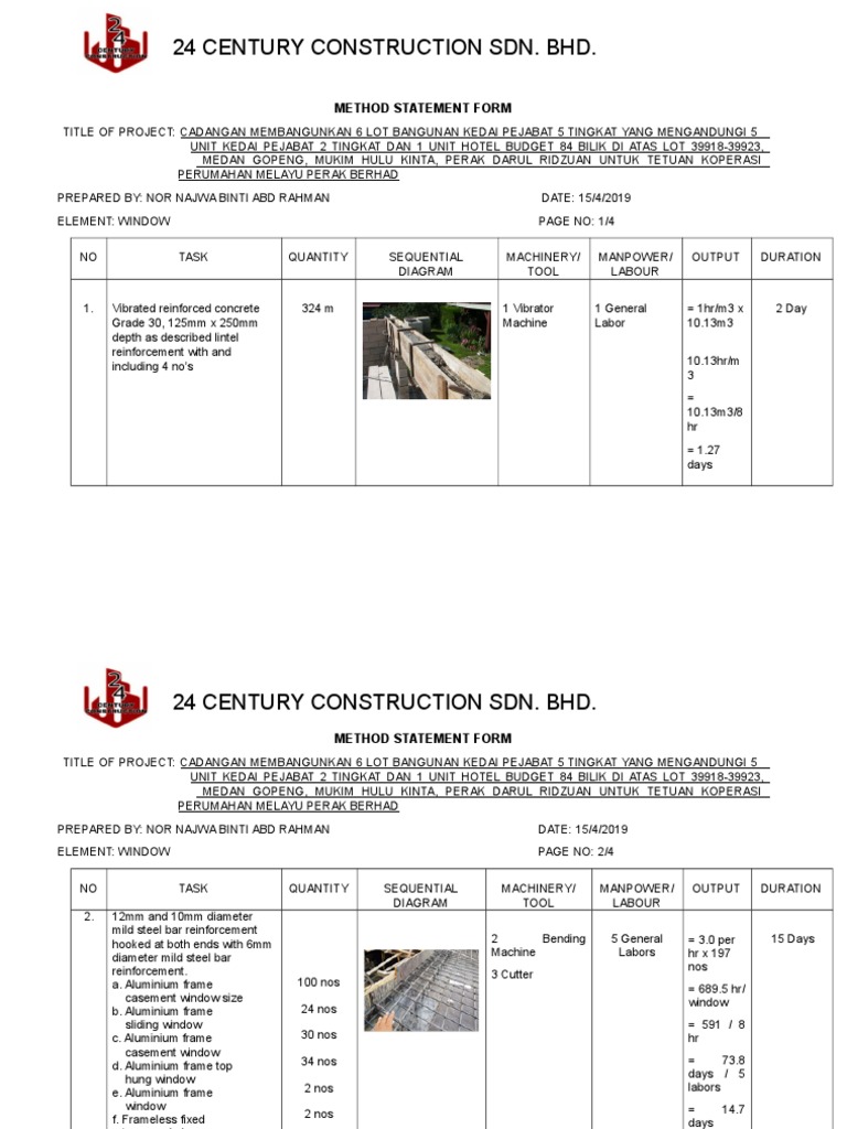 24 Century Construction Sdn. BHD.: Method Statement Form | PDF ...