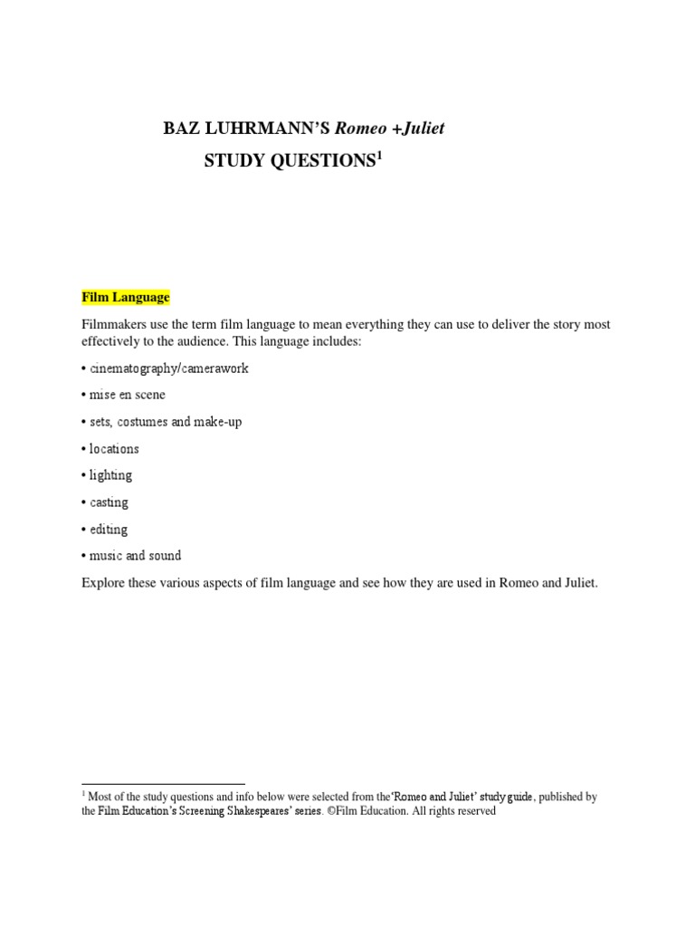 Baz Luhrmann's R+J Study Questions | PDF | Romeo And Juliet ...