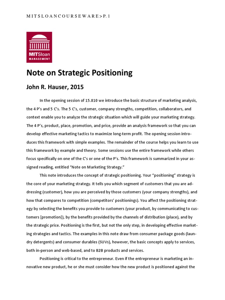 Note On Strategic Positioning | PDF | Brand | Monopoly