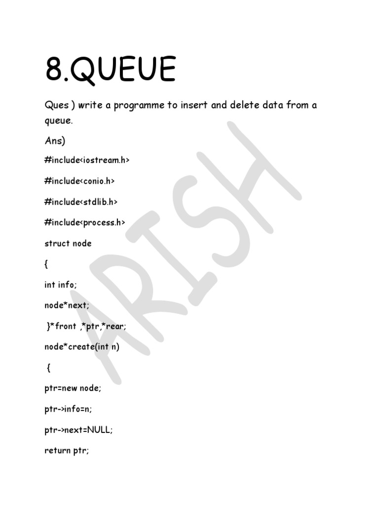 8queue Ques Write A Programme To Insert And Delete Data From A Queue