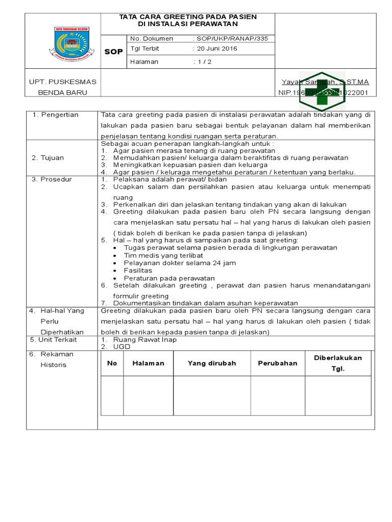 Sop Tata Cara Greeting Kepada Pasien | PDF | Pengembangan Diri | Sains & Matematika