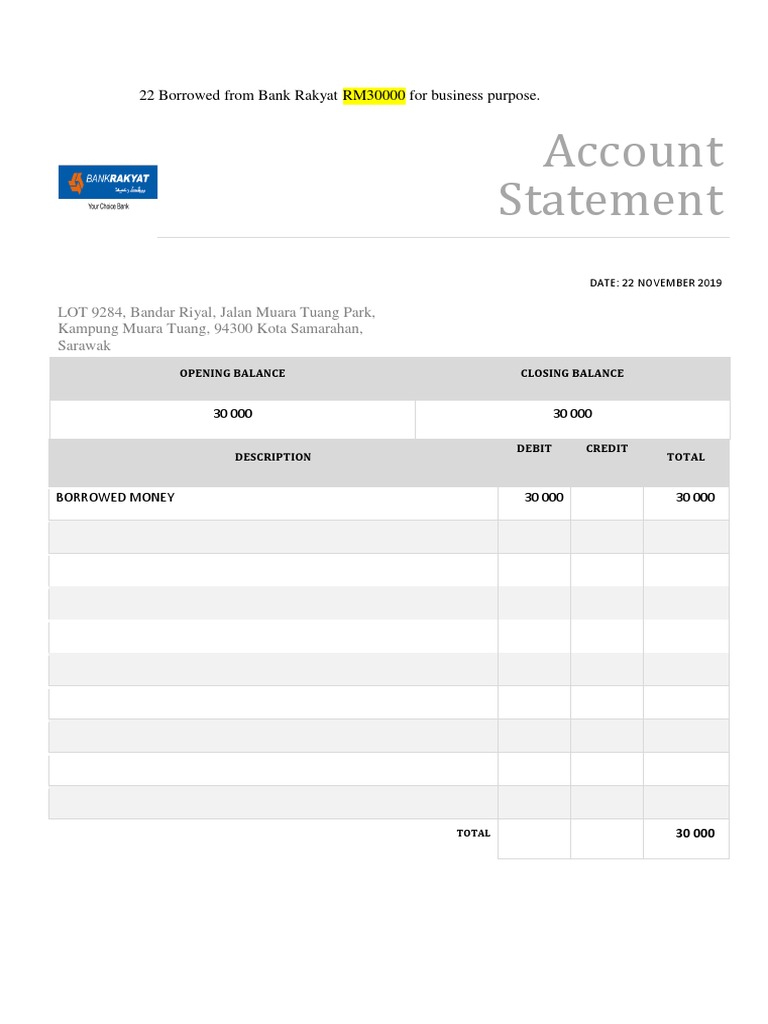 Account Statement: 22 Borrowed From Bank Rakyat RM30000 For Business ...