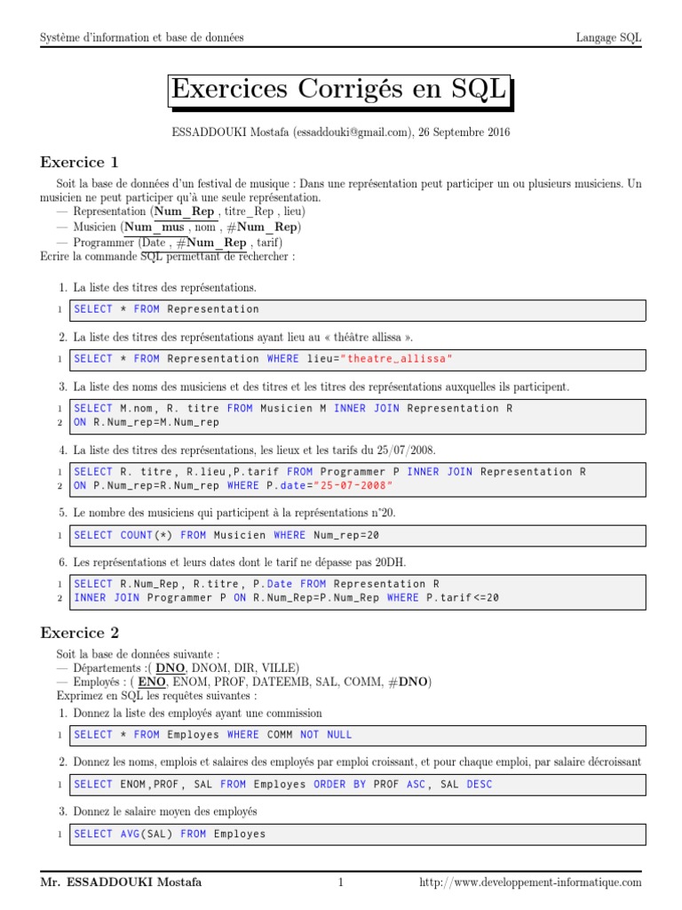 Exercices Corrigés en SQL et Bases de Données | PDF | SQL | Microsoft Access