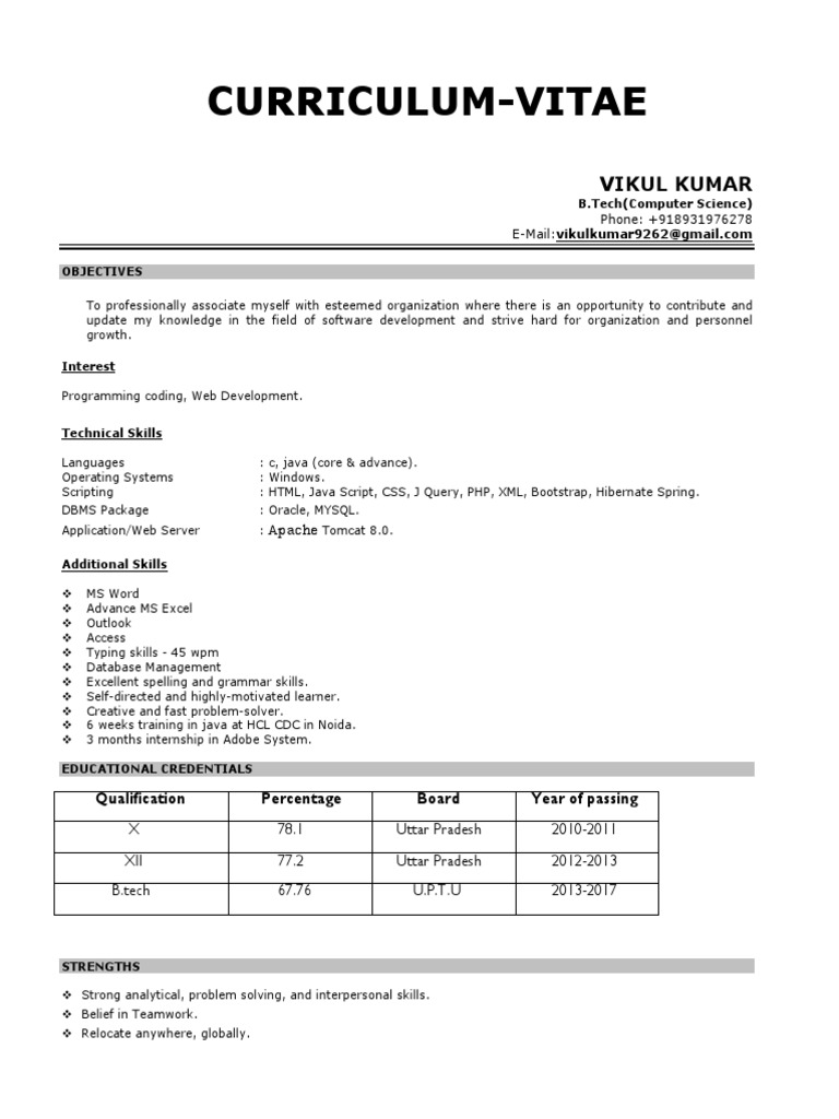Curriculum-Vitae: Vikul Kumar | PDF | Databases | Java (Programming Language)