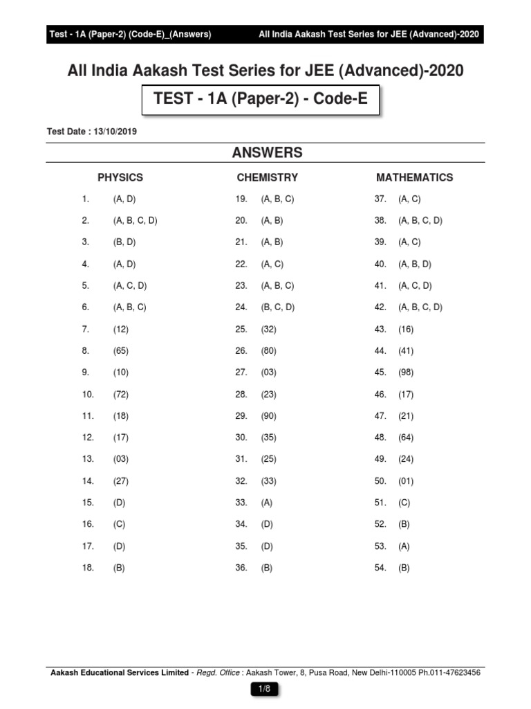 Aakash Test Series Answers - Physics, Chemistry, Maths | PDF ...
