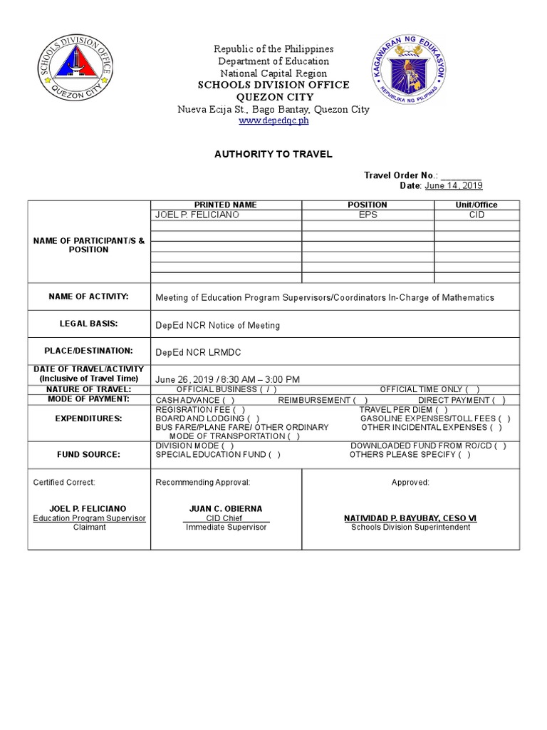 Authority To Travel Form | PDF