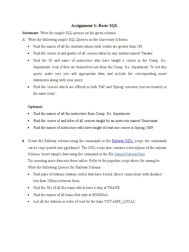 Assignment 1: Basic SQL: Statement: Write The Simple SQL Queries On The ...