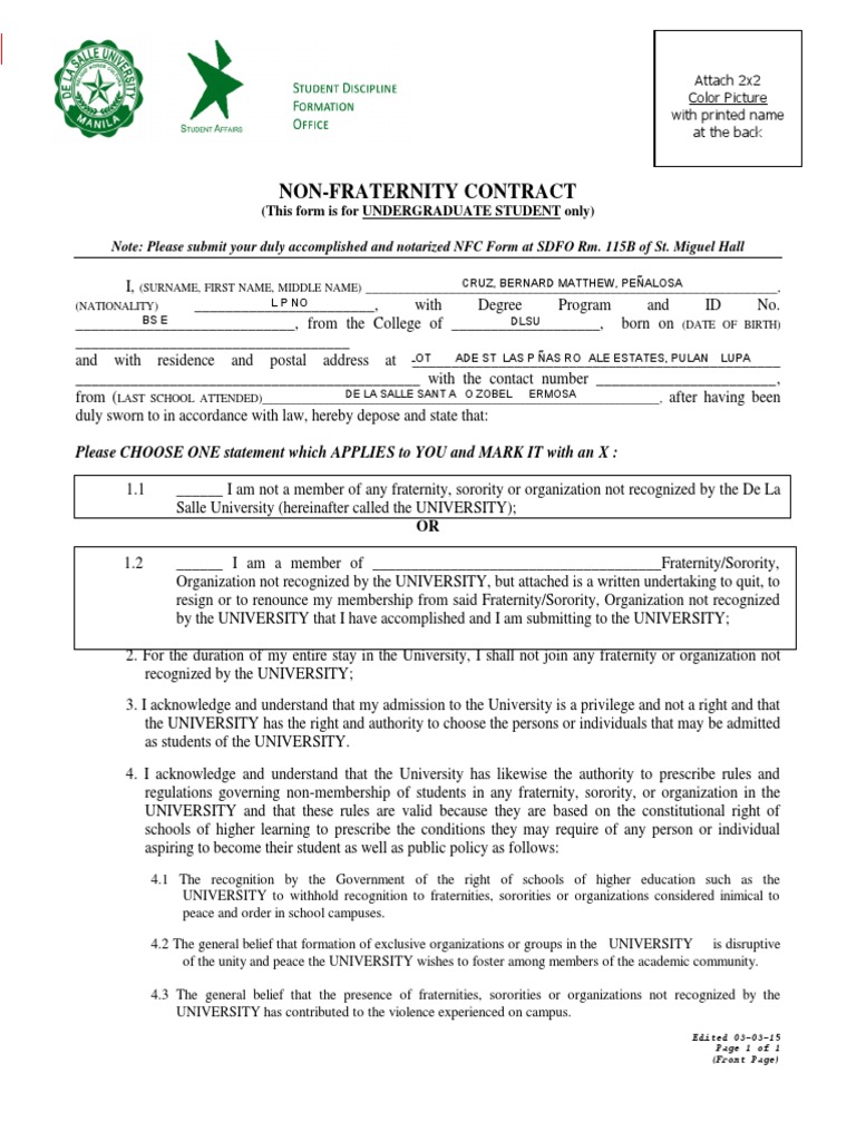 Non Fraternity Form | PDF | Fraternities And Sororities | University