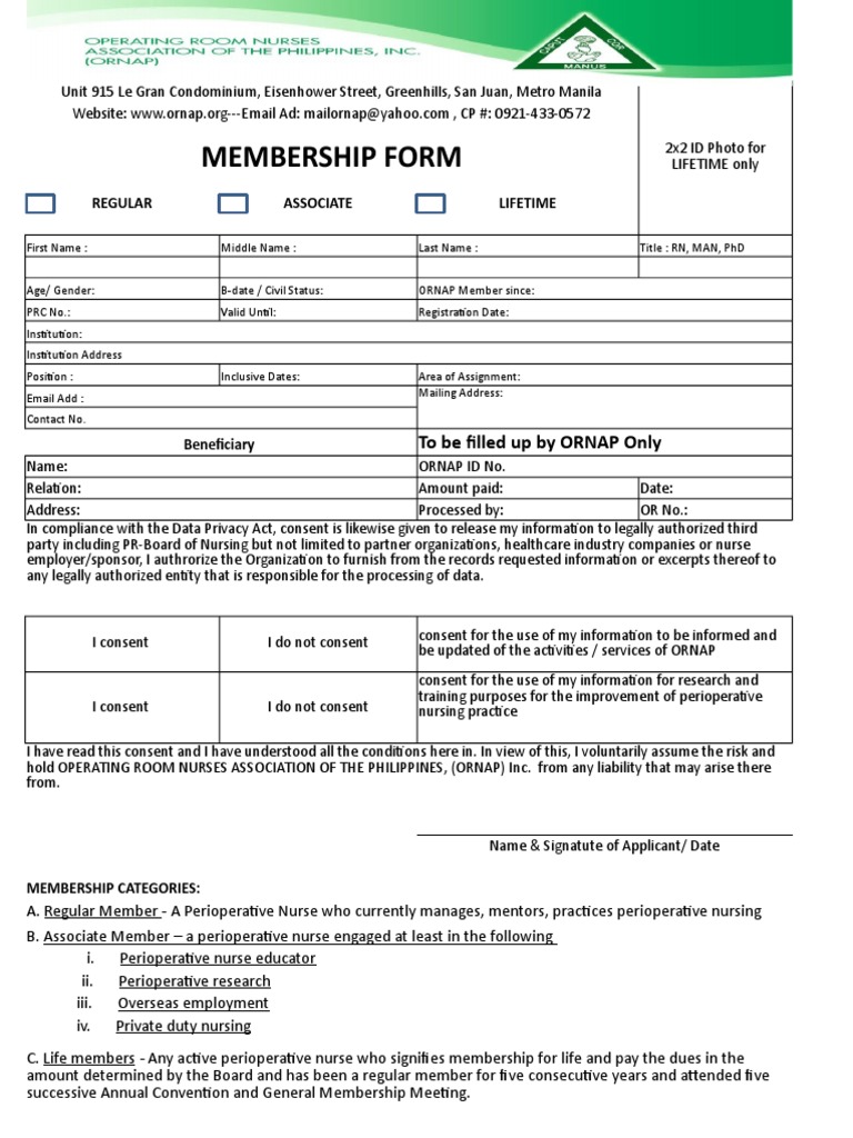 Membership Form: To Be Filled Up by ORNAP Only | PDF | Consent | Nursing