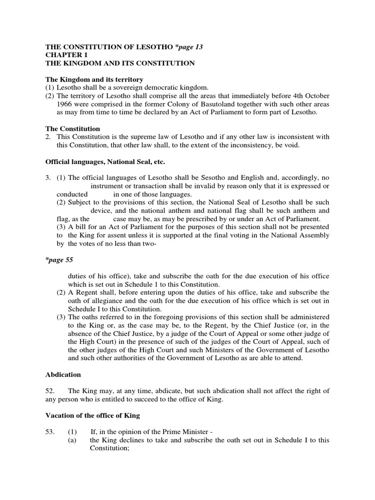 The Constitution of Lesotho | PDF | Pardon | Oath Of Office