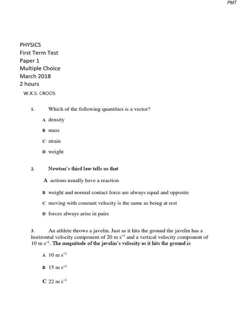 Phy Paper 1 Ans 2018 G | PDF | Acceleration | Velocity