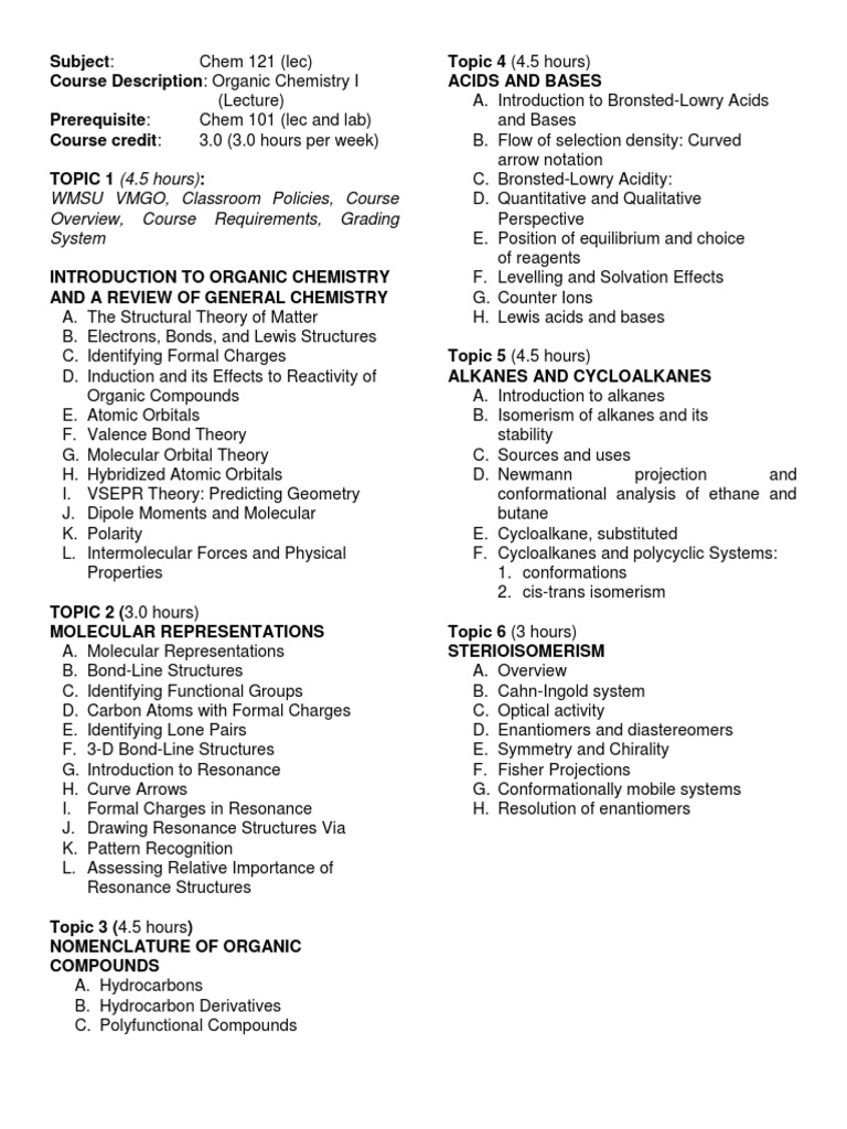 Chem 121 Syllabus | PDF | Chemical Reactions | Alkene
