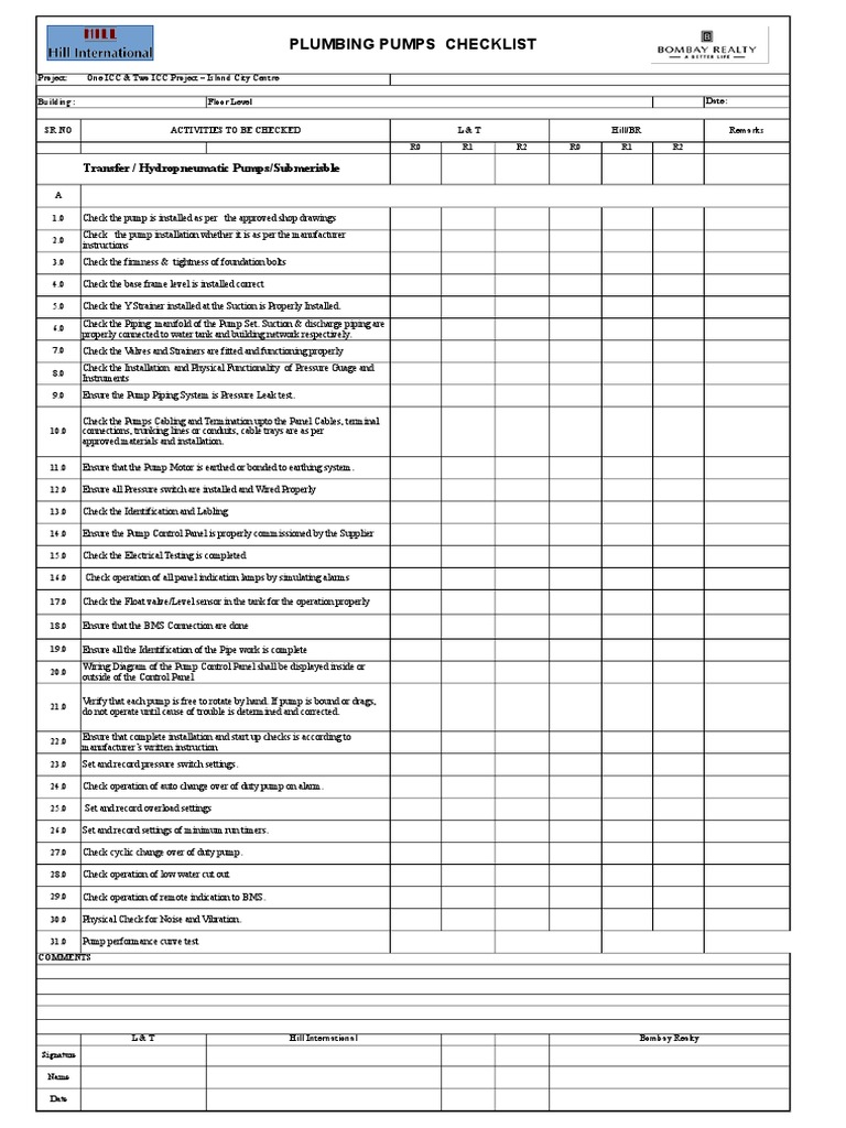 Plumbing Pumps Checklist: Transfer / Hydropneumatic Pumps/Submerisble ...