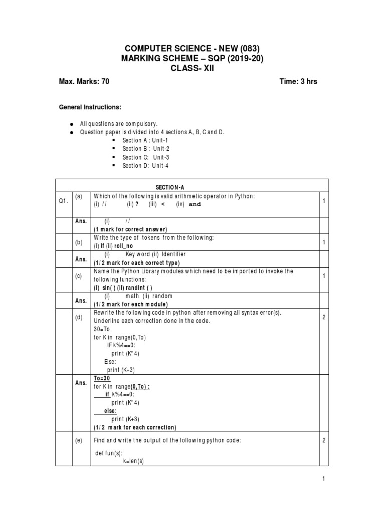 Computer Science - New (083) MARKING SCHEME - SQP (2019-20) Class-Xii | PDF | Computer Network ...