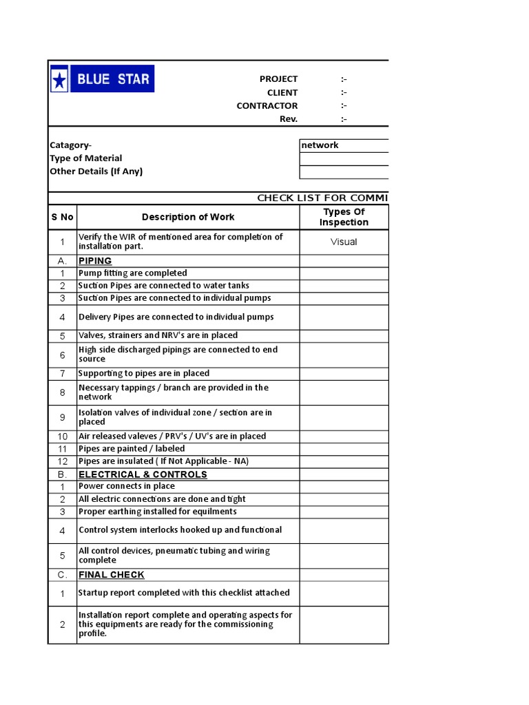 Comprehensive Commissioning Checklist for Piping, Pumps, and Toilet ...