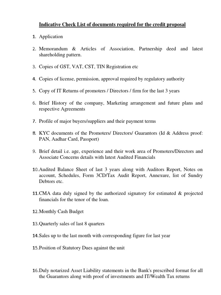 Indicative Check List of Documents Required For The Credit Proposal | PDF