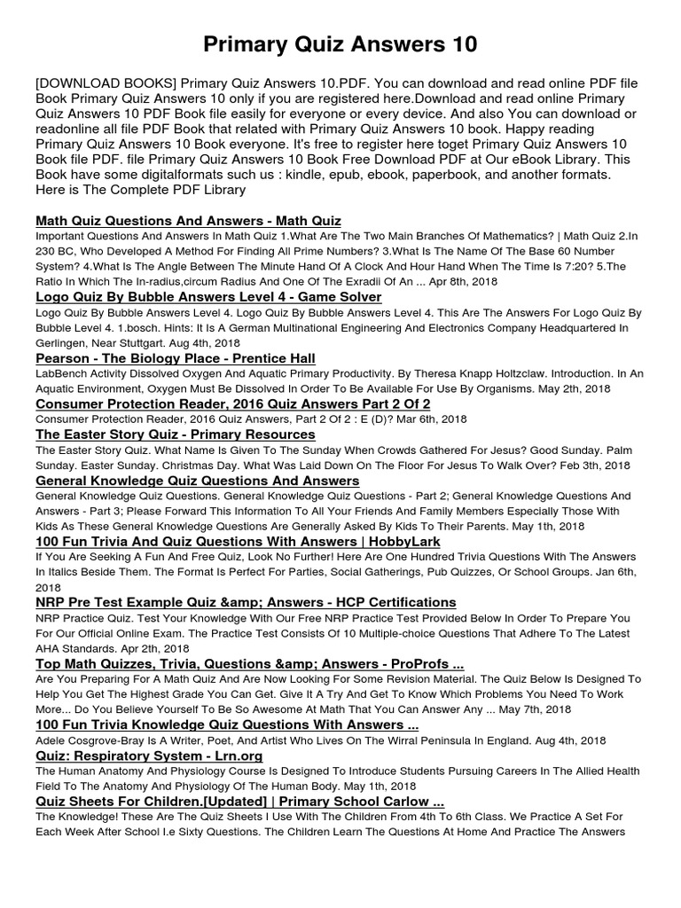 Primary Quiz Answers 10 | PDF | Quiz | Nature