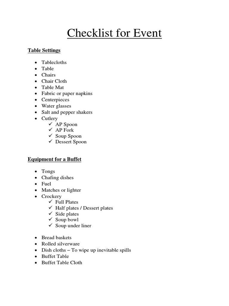 Checklist For Event: Table Settings | PDF