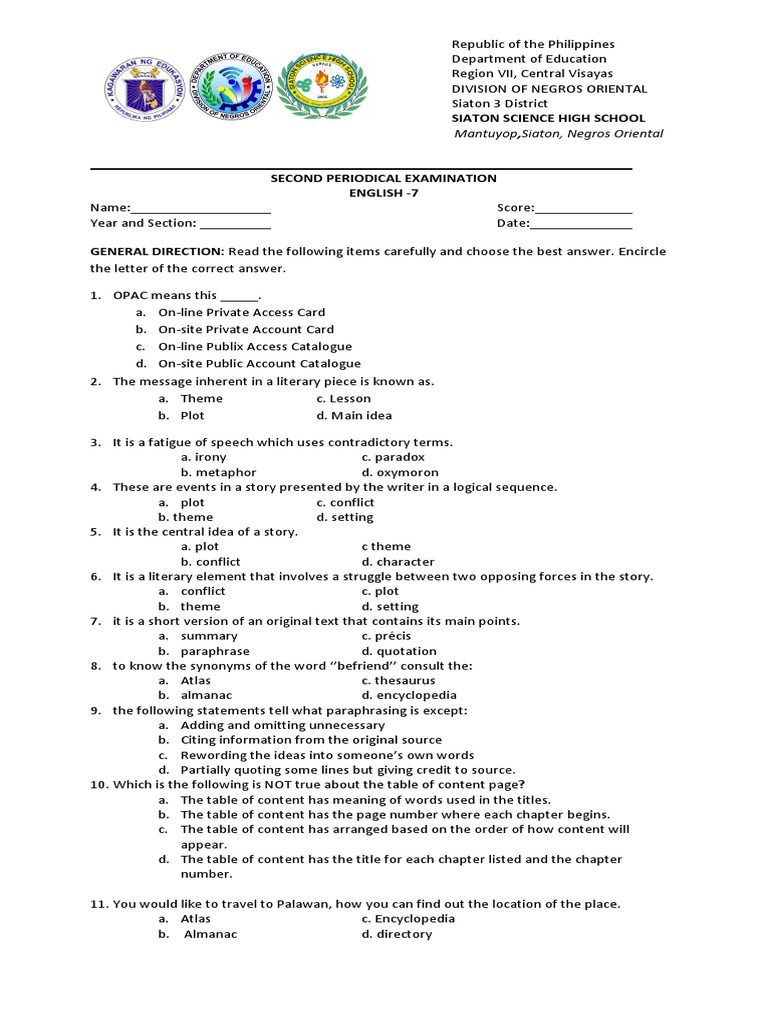 English 7 Questionnaire | PDF | Phrase | English Language