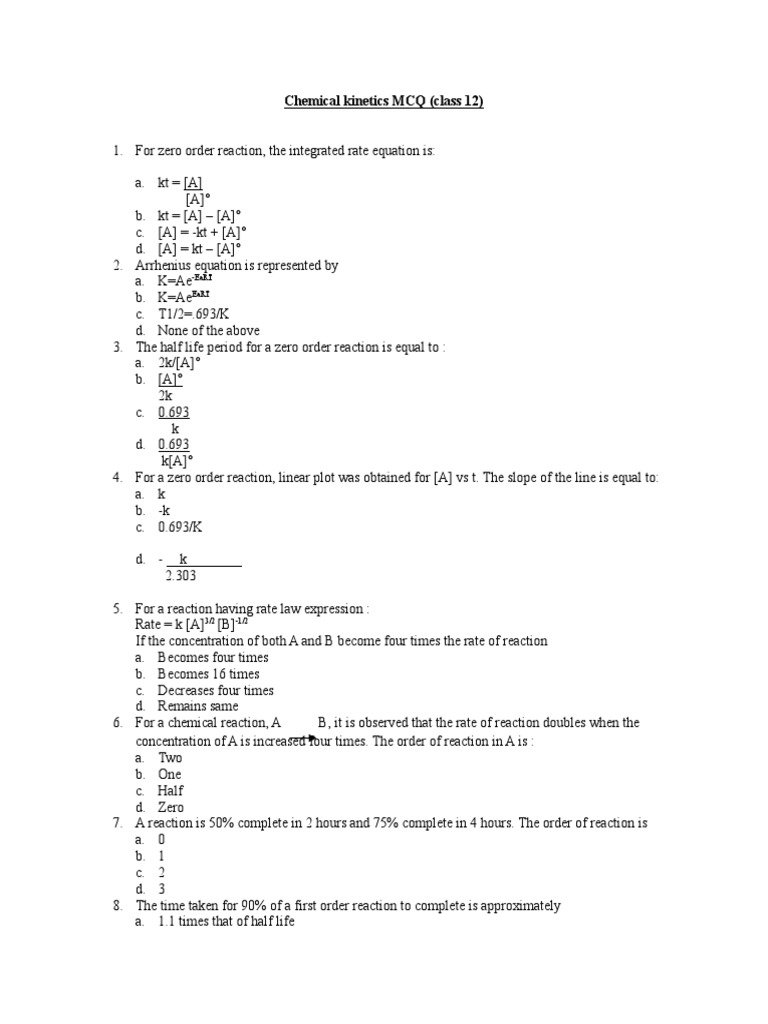 Chemical Kinetics MCQ (Class 12) : - Eart Eart | PDF | Reaction Rate | Activation Energy