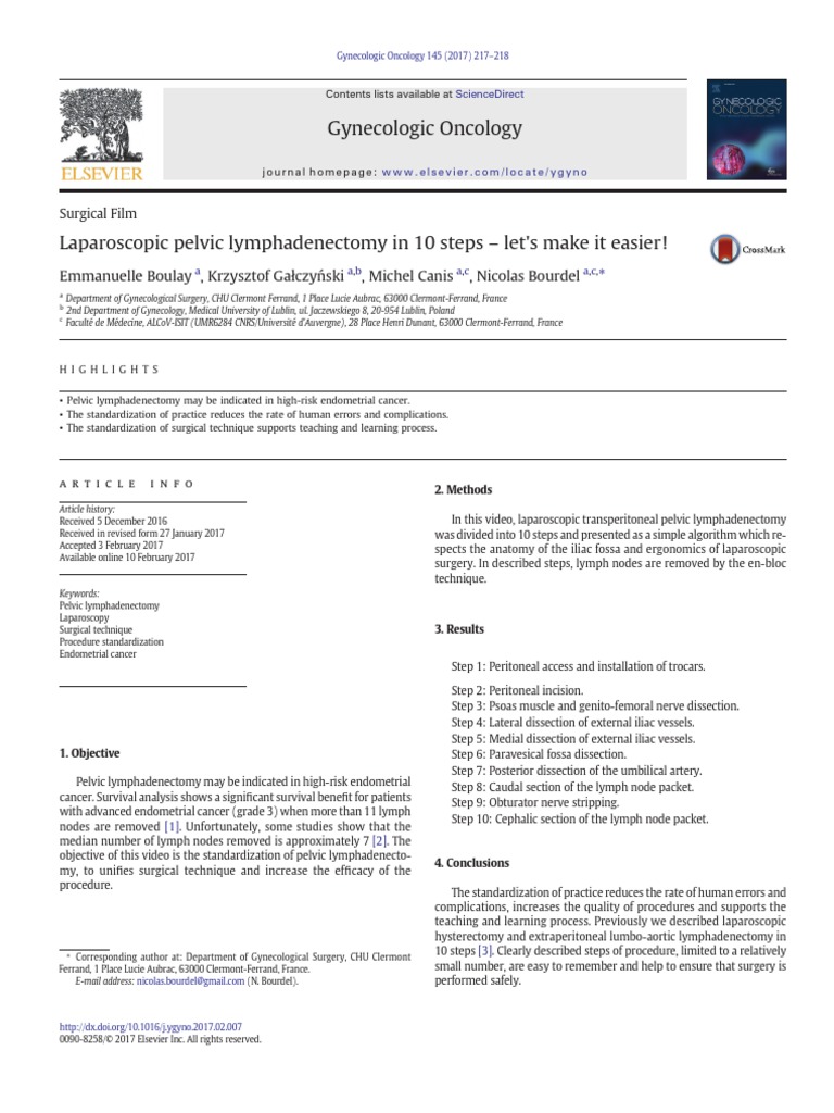 Laparoscopic Pelvic Lymphadenectomy in 10 Steps Let S 2017 Gynecologic ...