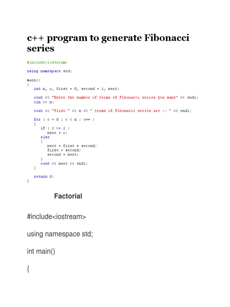 C++ Program To Generate Fibonacci Series: Factorial | Download Free PDF ...
