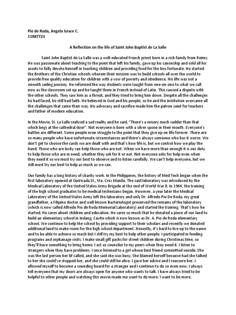 A Reflection Paper On The Life of St. John Baptist de La Salle | PDF ...