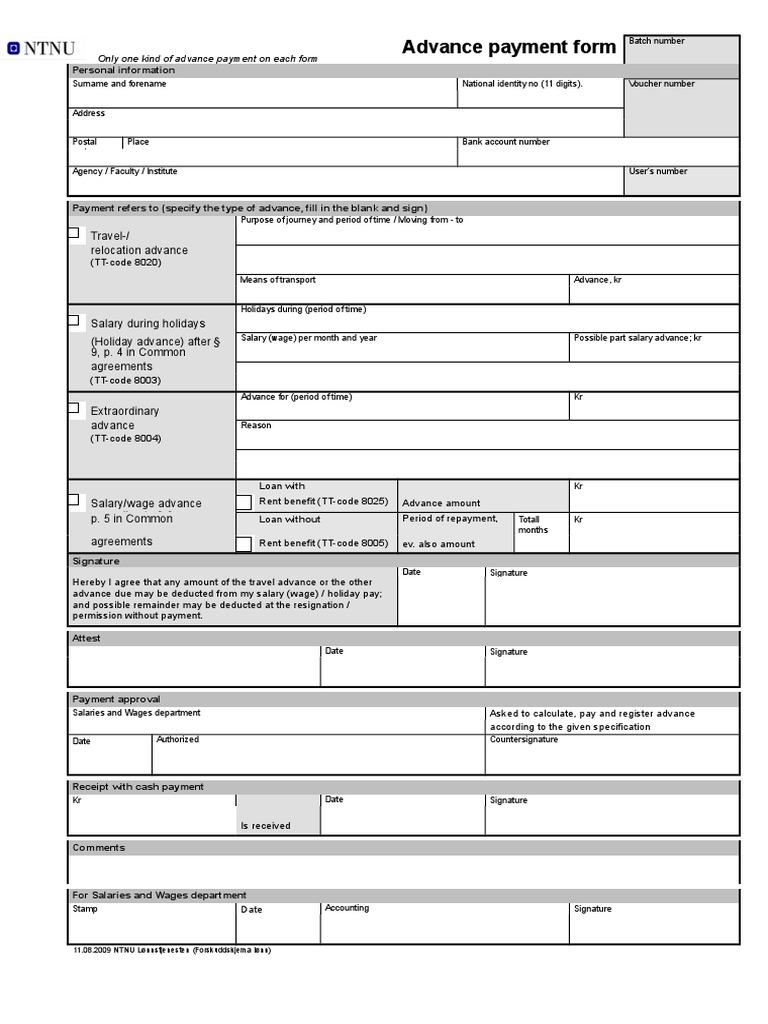 Advance Payment Form | PDF | Salary | Payments