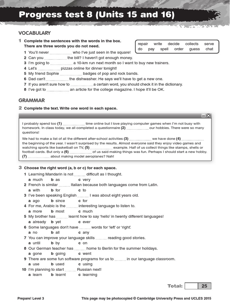 Prepare Level 3 Progress Test 8 U15-16 | PDF | Learning | Human ...