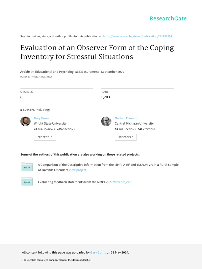 Evaluation of An Observer Form of The Coping Inventory For Stressful ...