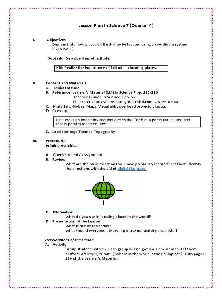 Lesson Plan in Science 7 | PDF | Latitude | Equator