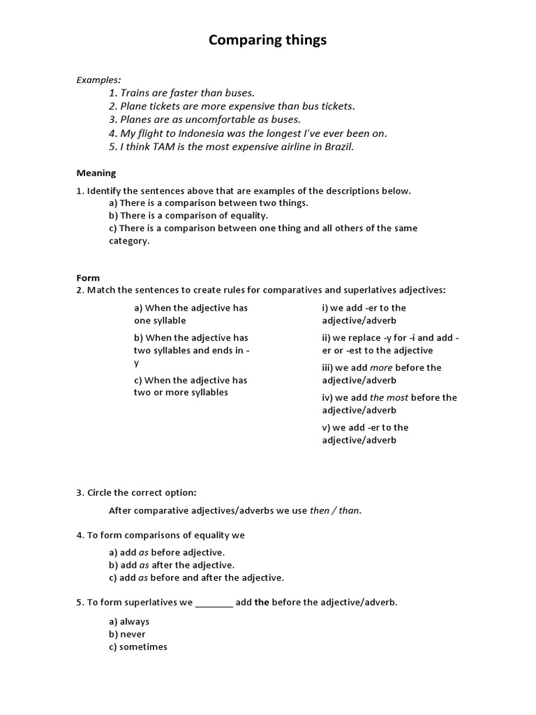ESL Lessons Guided Discovery Handout - Comparatives and Superlatives ...