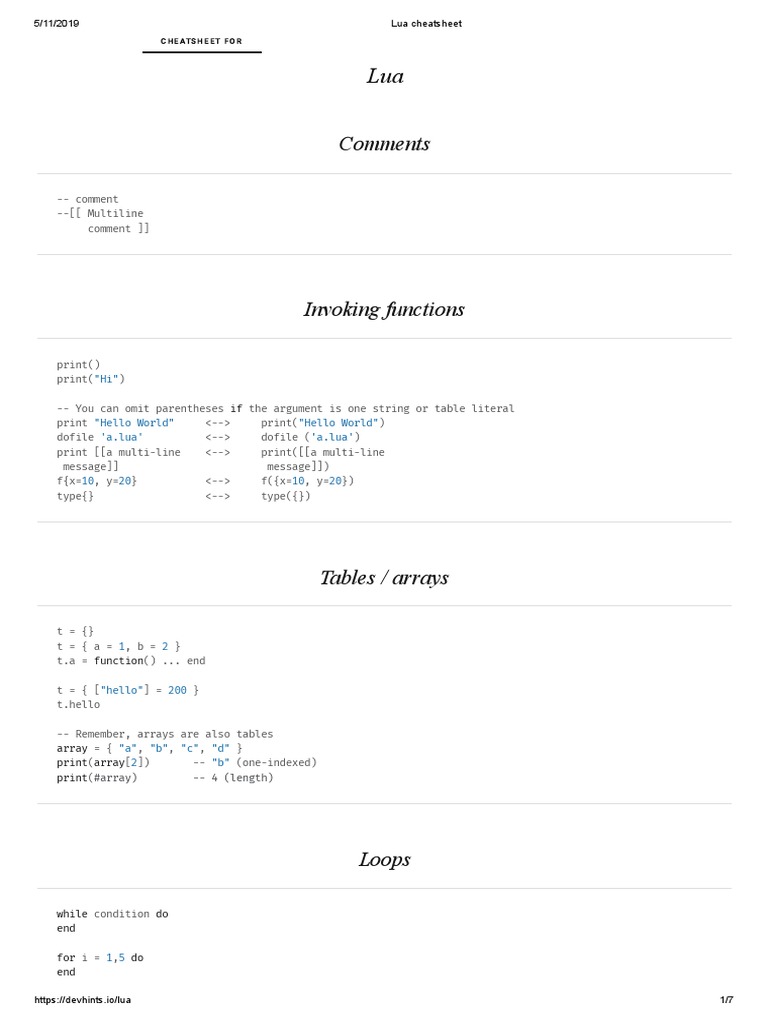 Lua Cheatsheet | PDF | Formalism (Deductive) | Computer Engineering