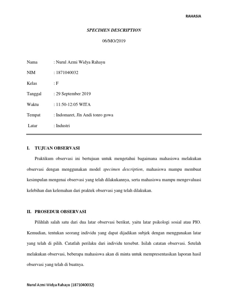 Deskripsi Prosedur Observasi Specimen | PDF